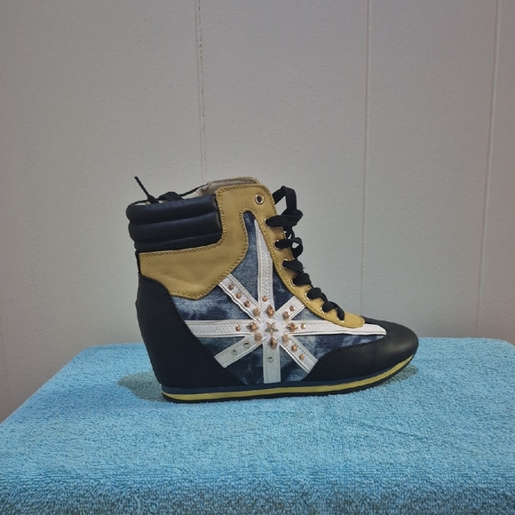 Bumper | Shoes | Bumper Blue And Yellow Hightop Wedge Sneakers | Poshmark